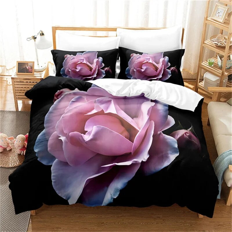 Pink Rose Bedding Set Green Leaf Duvet Cover Set Bedding Digital