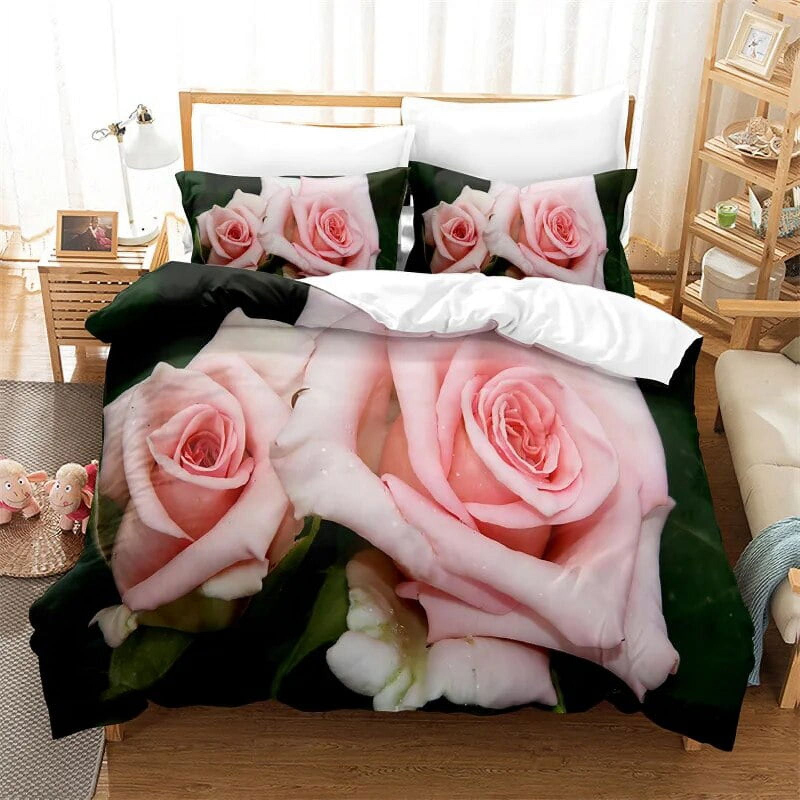 Pink Rose Bedding Set Green Leaf Duvet Cover Set Bedding Digital