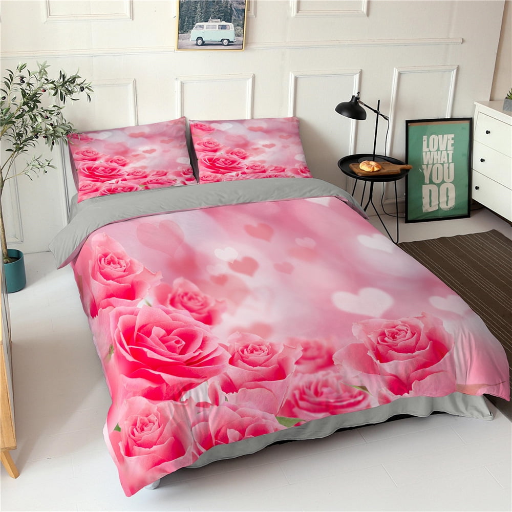 Pink Rose Bedding Set King Queen Full Twin Size For Women Romantic