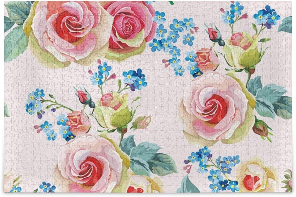 Pink Rose & Blue Flower Floral Jigsaw Puzzles for Adults 1000 Pieces ...