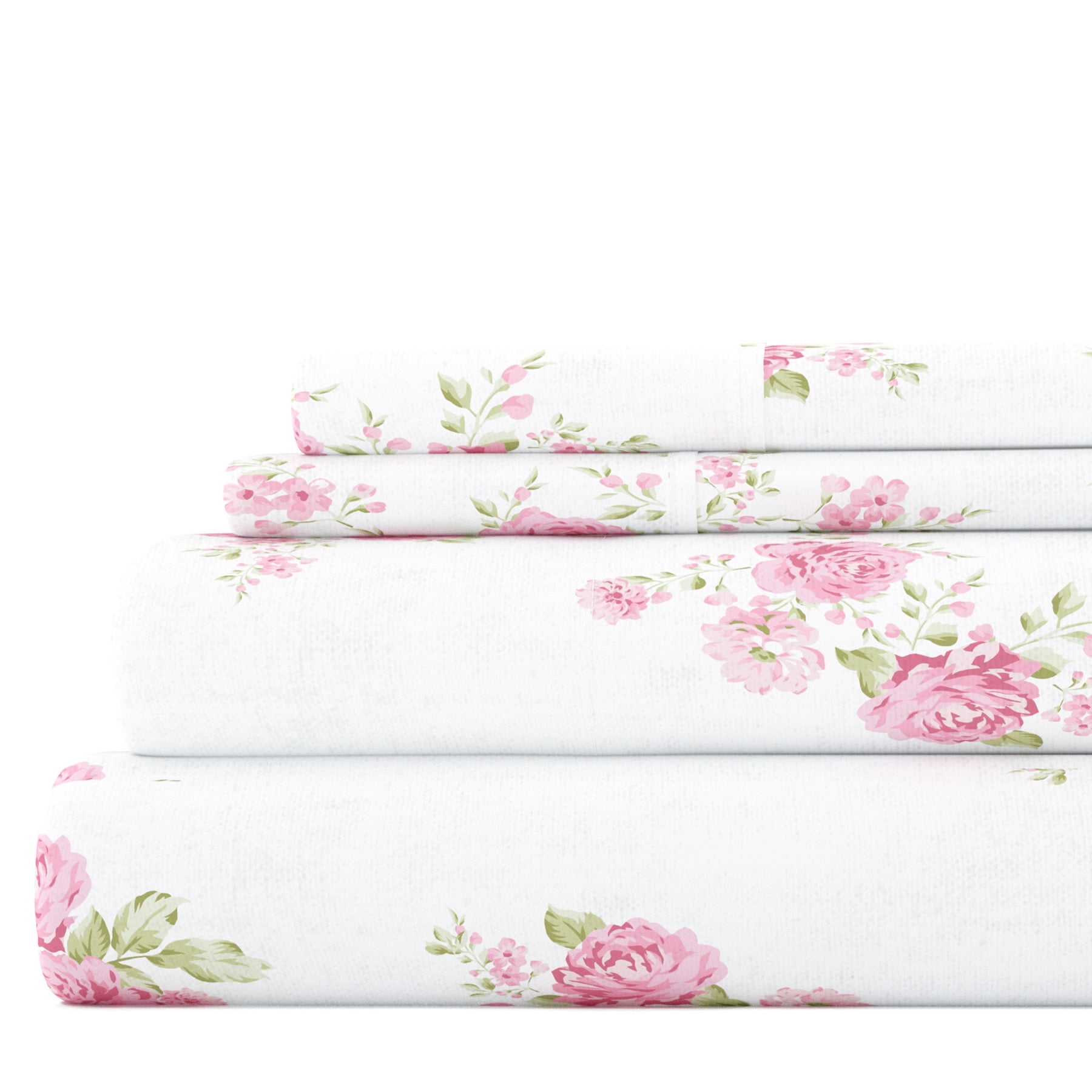 Pink Rose Bunch 4 Piece 100% Cotton Flannel Deep Pocket Sheet Set, Full ...