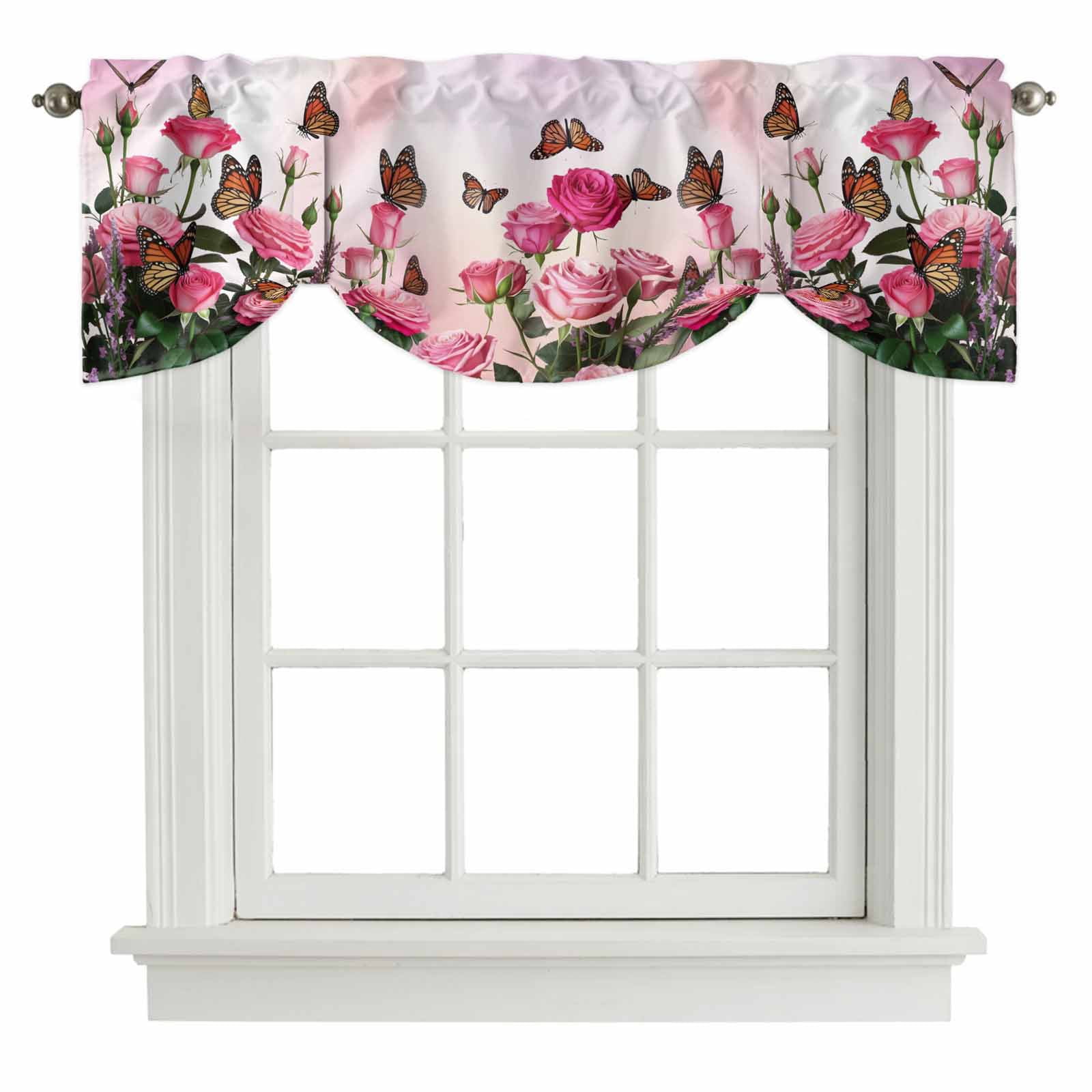 Pink Rose Butterfly Tie Up Valance for Windows, Romantic Butterflies ...