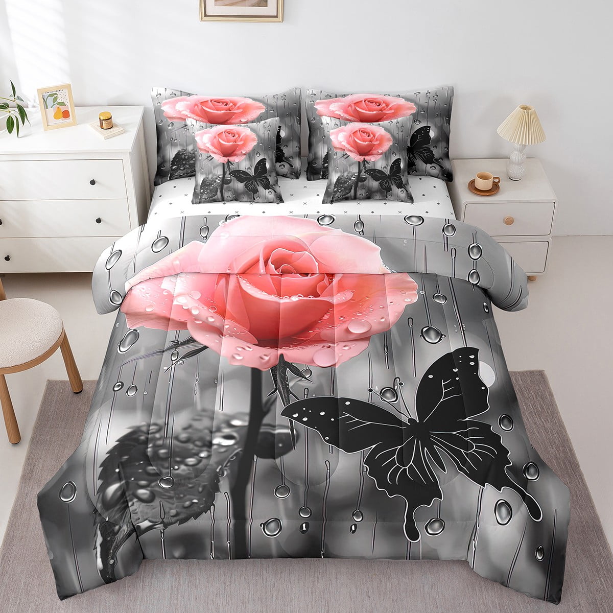 Pink Rose Comforter Set 7 Piece Bed in a Bag Twin,Romantic Flower ...