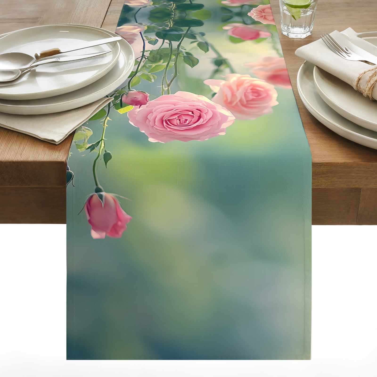 Pink Rose Cotton Linen Table Runner Spring Flower Floral Leaf Botanical ...