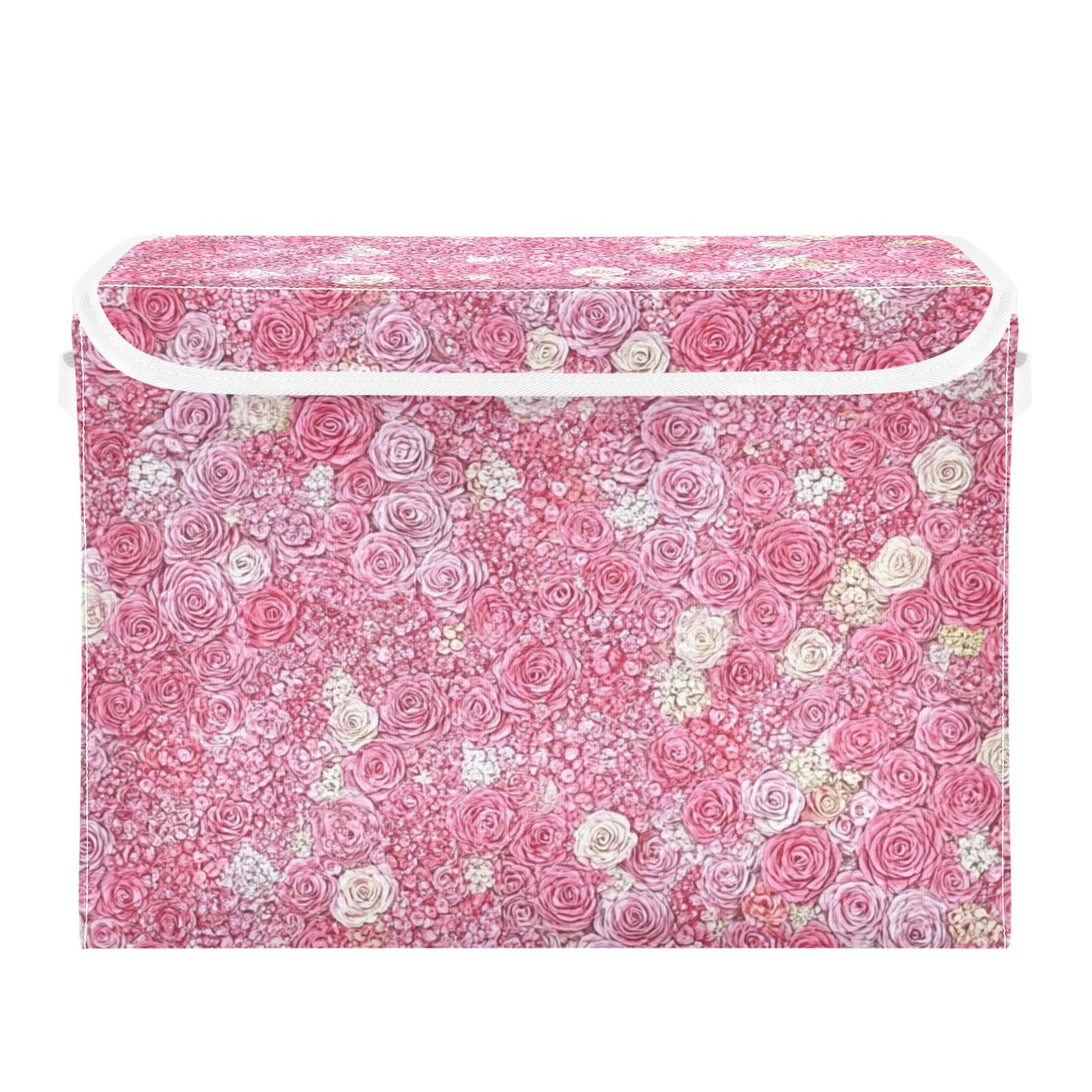Pink Rose Floral Background Large Storage Bins with Linen Collapsible ...
