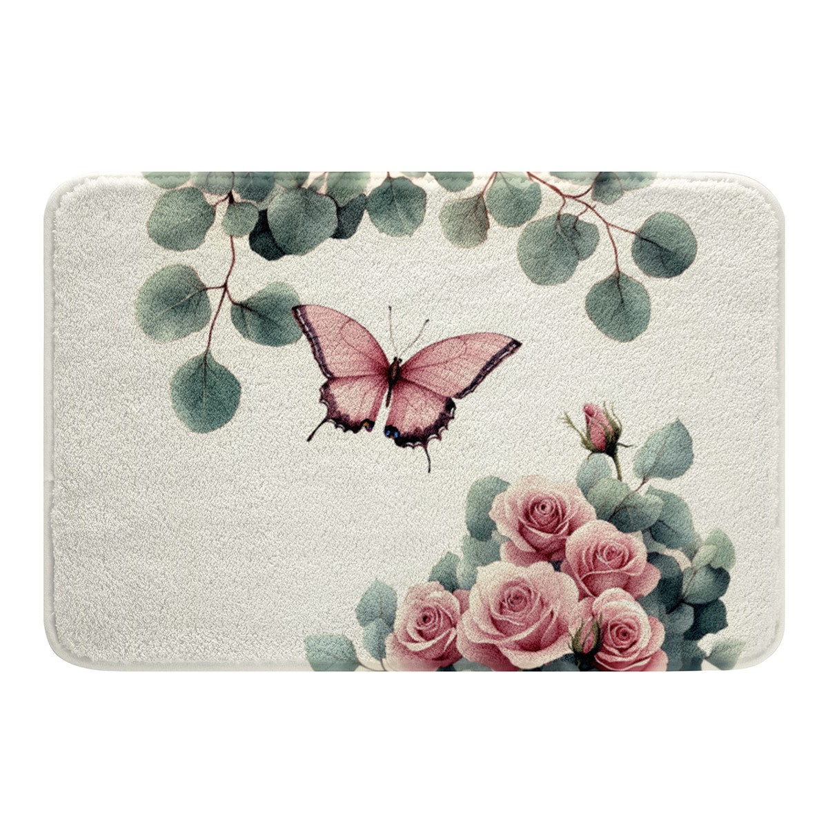 Pink Rose Floral Bathroom Rug Set,Green Leaf Botanical Plant Bath Mat ...