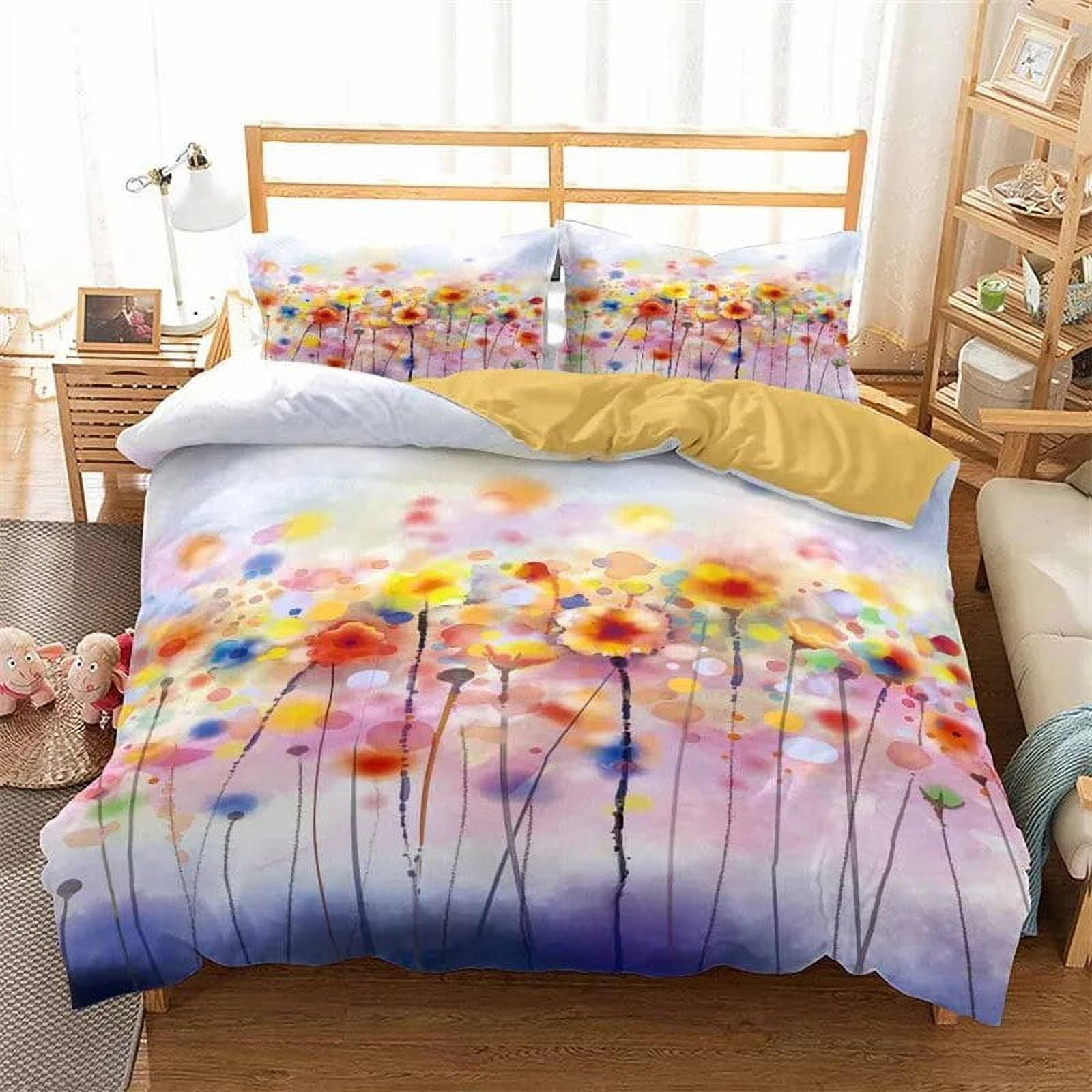 Pink Rose Floral Duvet Cover Watercolor Lotus Bedding Set Flower Leaves