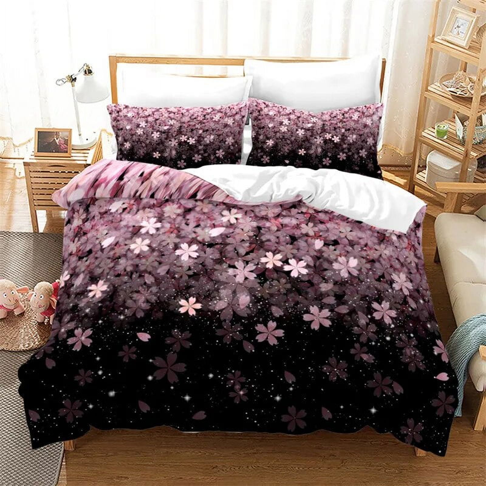 Pink Rose Floral Duvet Cover Watercolor Lotus Bedding Set Flower Leaves