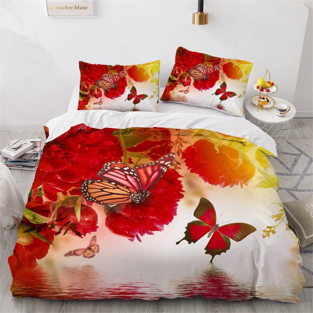 Pink Rose Floral Flower Butterfly Quilt 3Pcs King Full Size Duvet Cover ...
