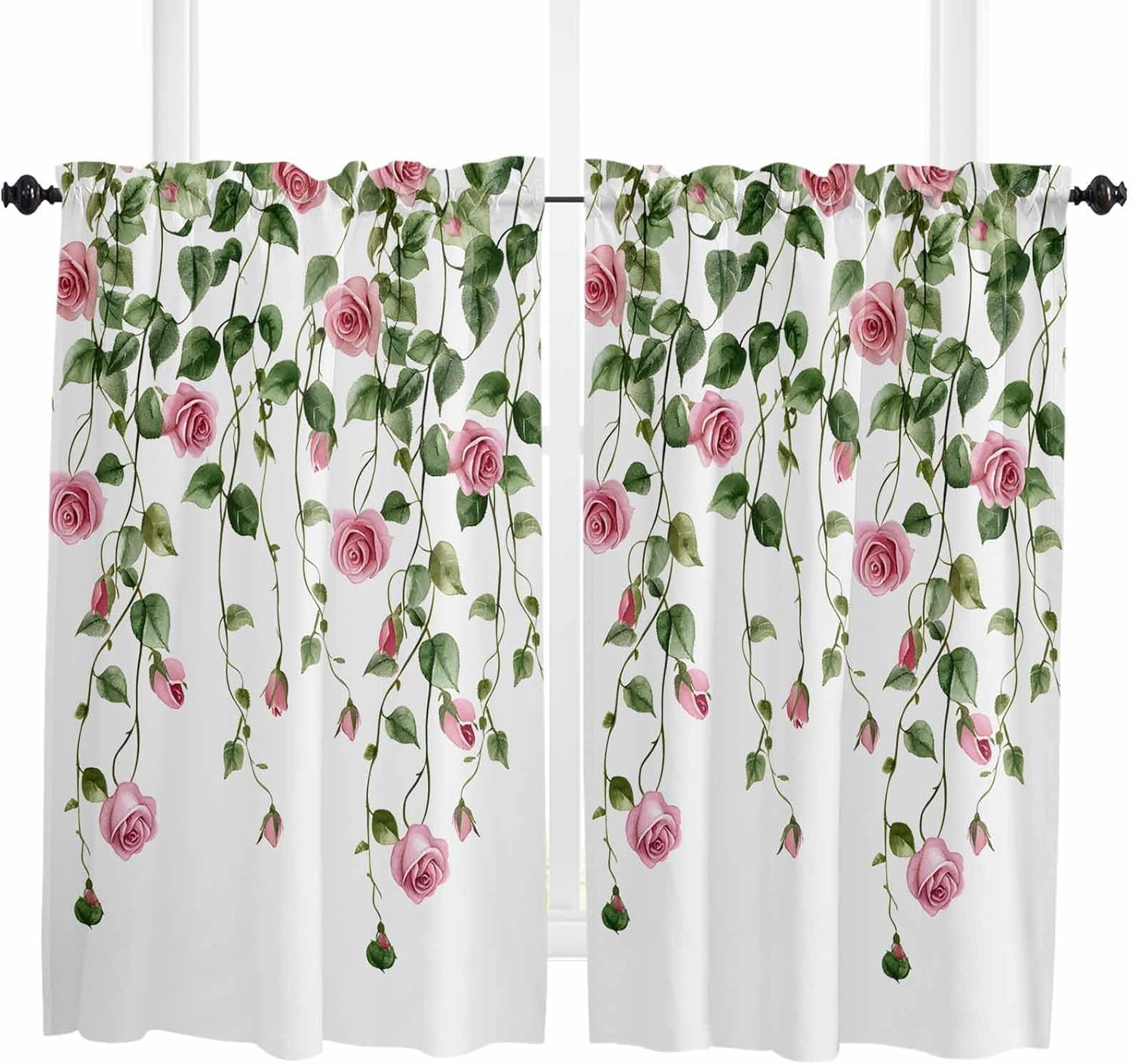 Pink Rose Floral Kitchen Curtain 84 Inch Length Small Short Cafe Tiers ...