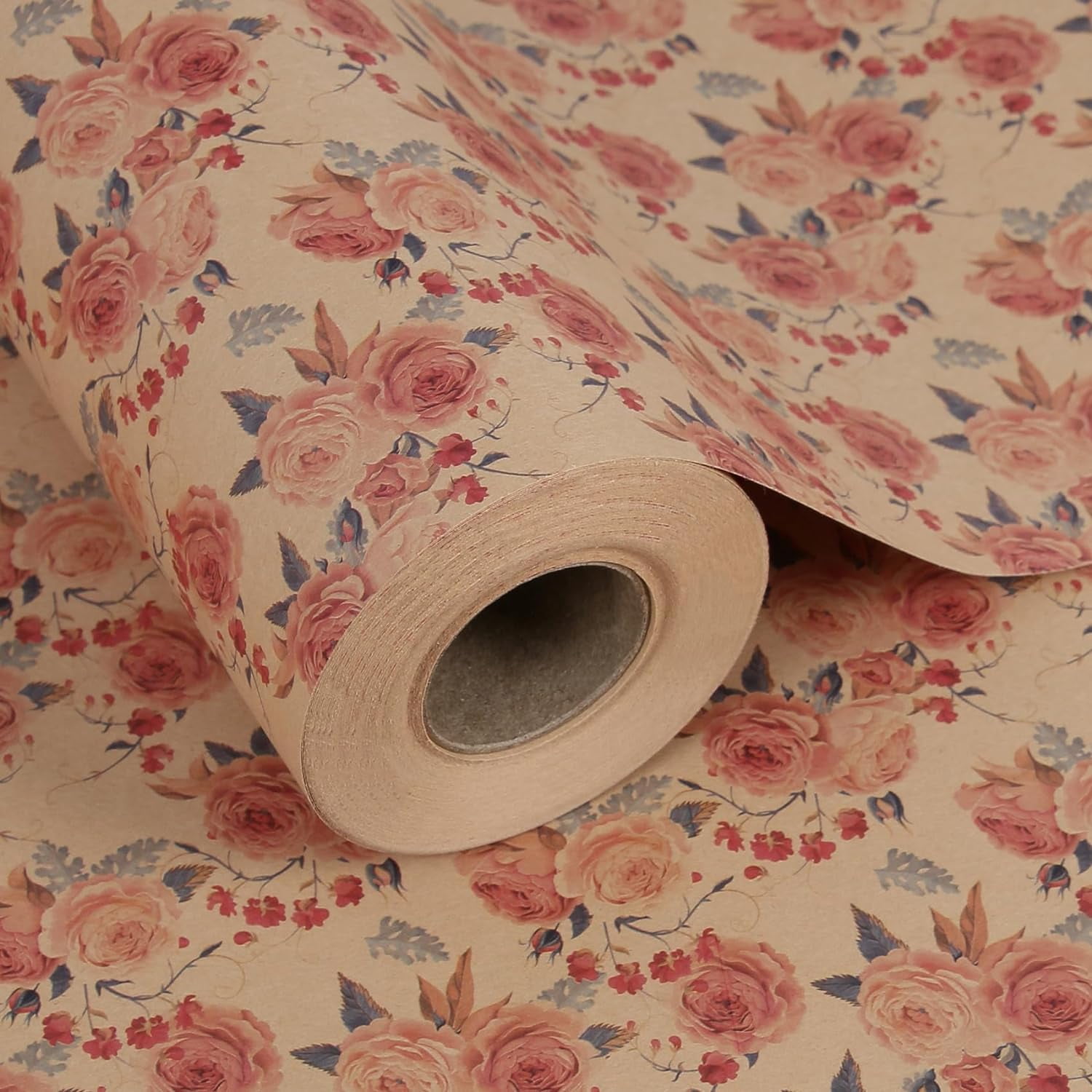 Pink Rose Floral Kraft Wrapping Paper Roll - All Occasion Vintage ...