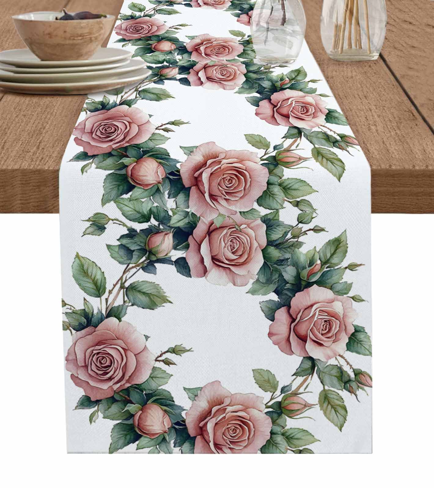 Pink Rose Floral Table Runner 90 Inches, Spring Botanical Flower Leaf ...