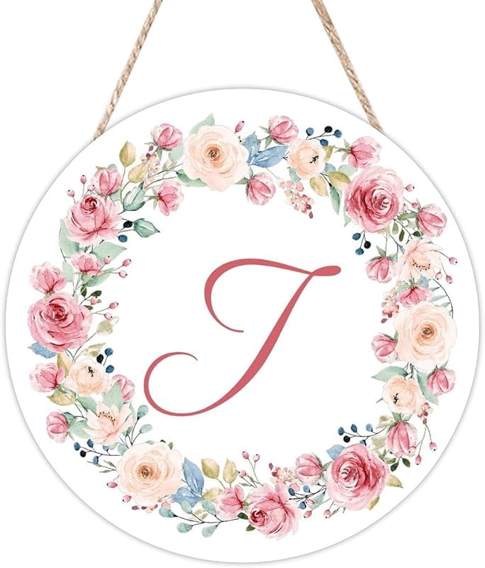 Pink Rose Floral Wreath Initial Letter A-Z Round Wooden Door Sign ...