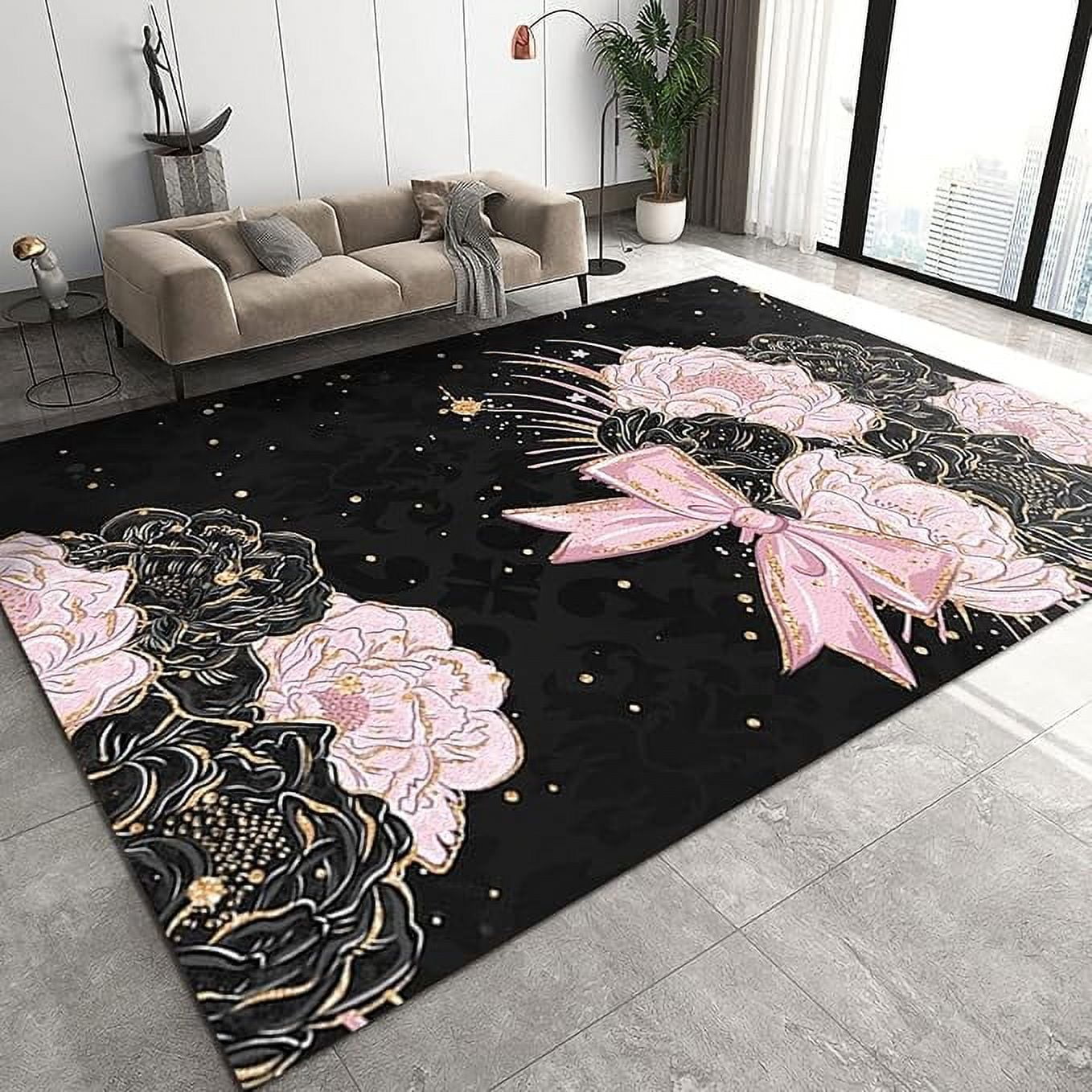 Pink Rose Flower Area Rugs, Black Gold Bow Romantic Plant Apartment ...