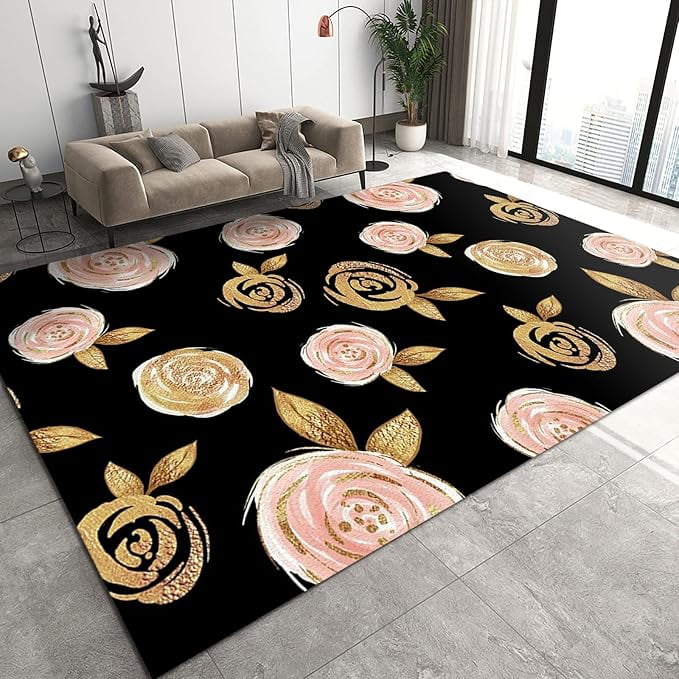 Pink Rose Flower Area Rugs, Golden Yellow Hand Drawn Simple Cute Plants ...