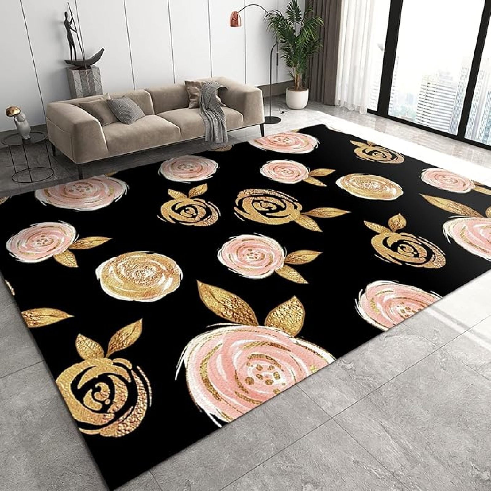 Pink Rose Flower Area Rugs, Golden Yellow Hand Drawn Simple Cute Plants ...