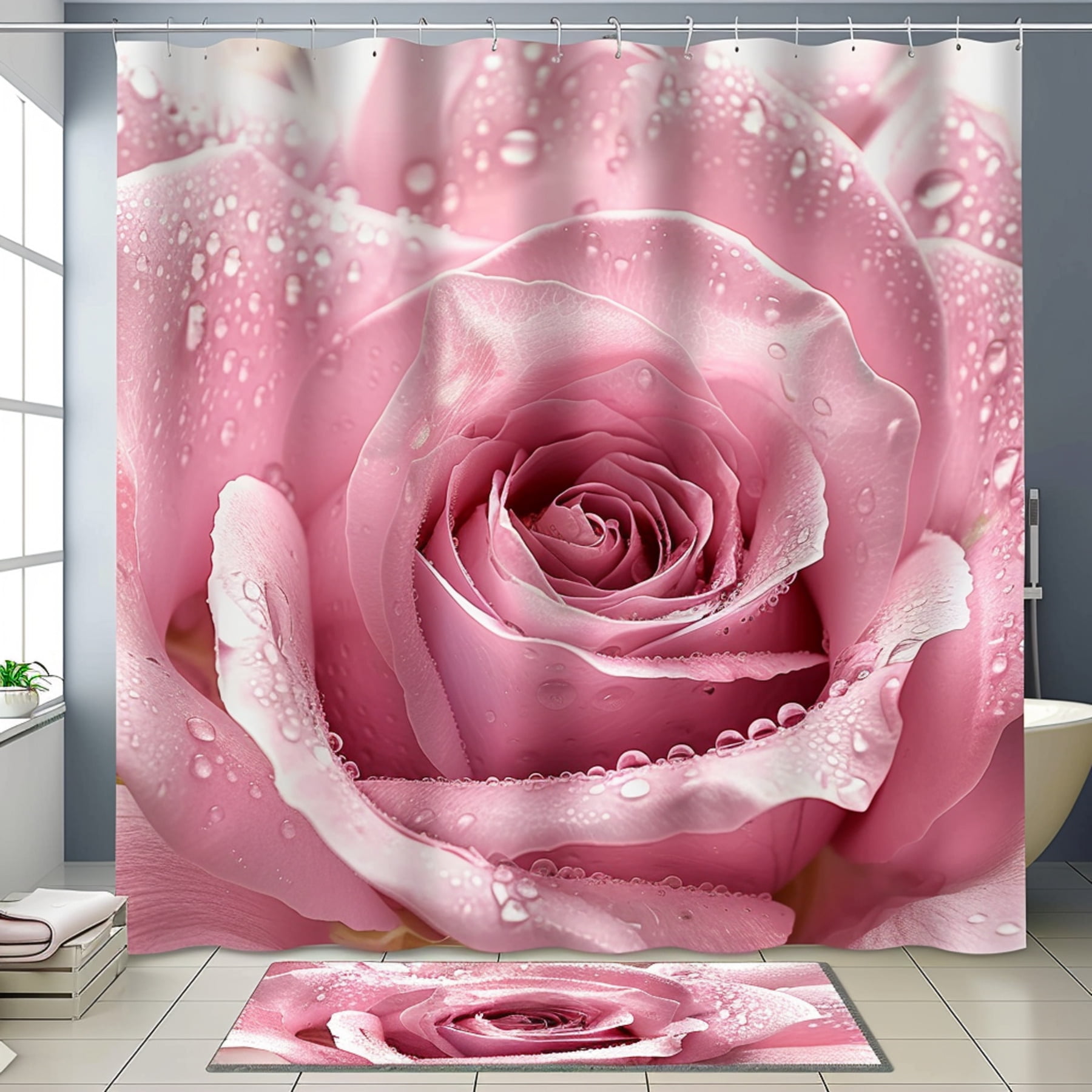Pink Rose Flower Bathroom Decor Set Cartoon Style Shower Curtain Door