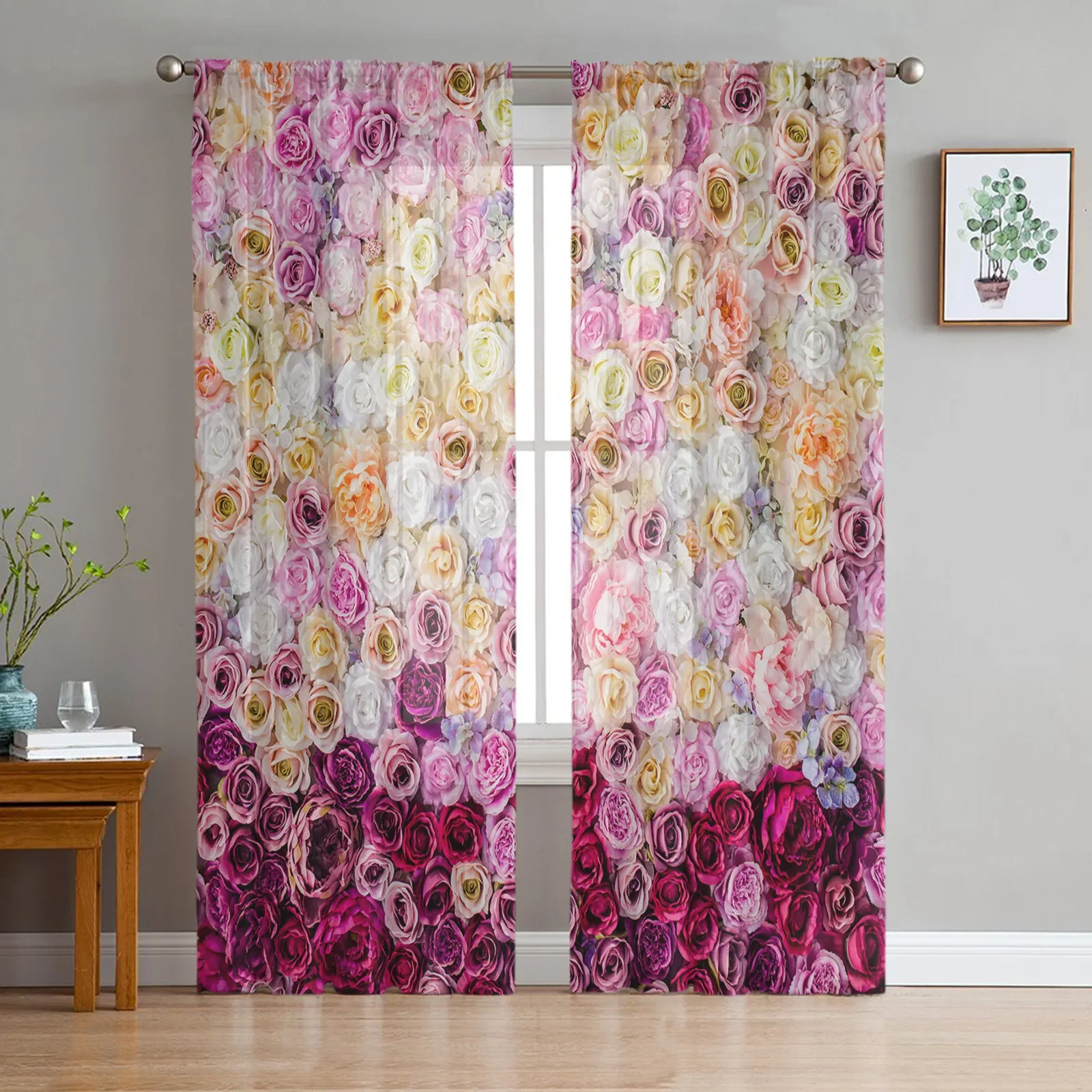 Pink Rose Flower Bouquet White Tulle Sheer Curtains for Living Room ...