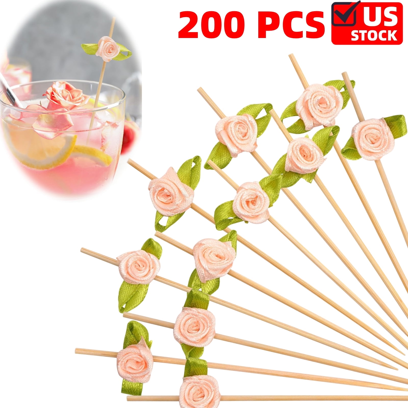 Pink Rose Flower Cocktail Picks - 200 Counts, 4.7 Inch Long Bamboo ...
