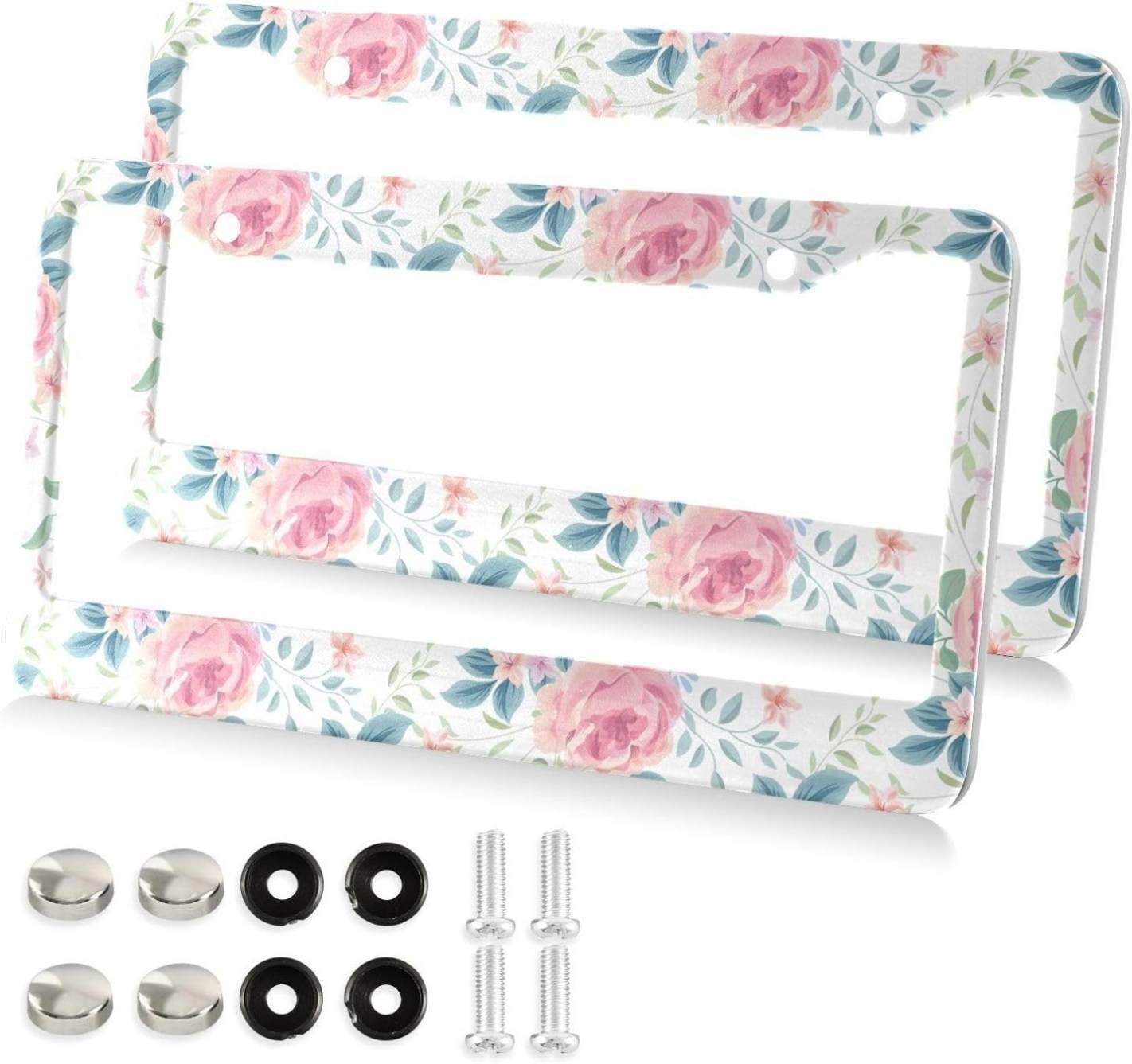 Pink Rose Flower Floral License Plate Frame, Decorative Aluminum Car ...