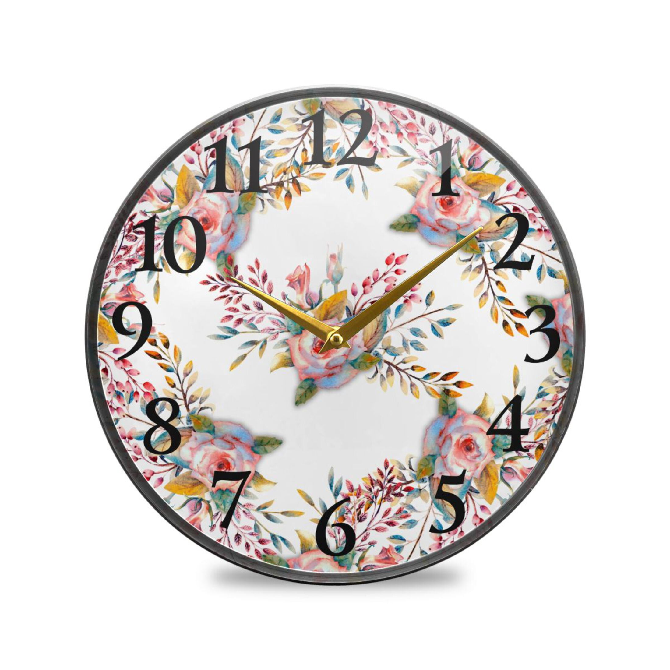 Pink Rose Flower Green Leaves Wall Clocks Battery Operated 11.9 Inch ...