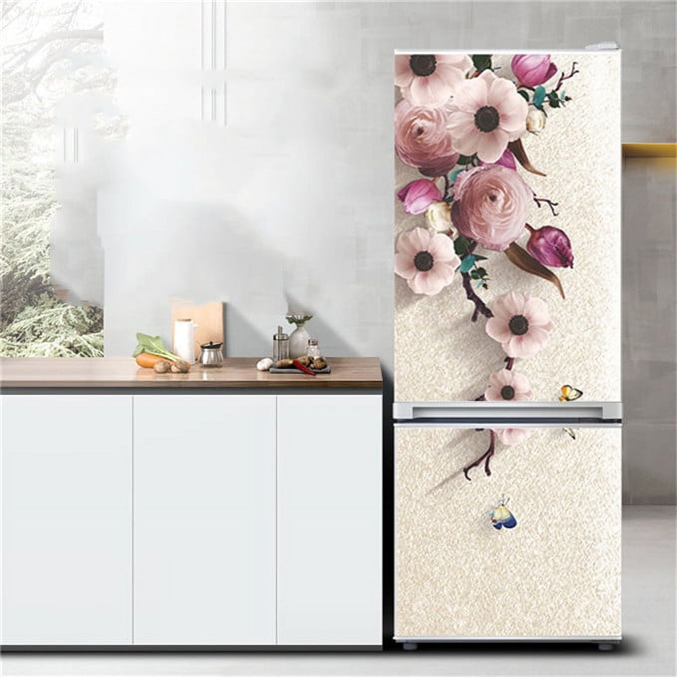 Pink Rose Flower PVC Fridge Door Cover Sticker Waterproof Peel & Stick ...