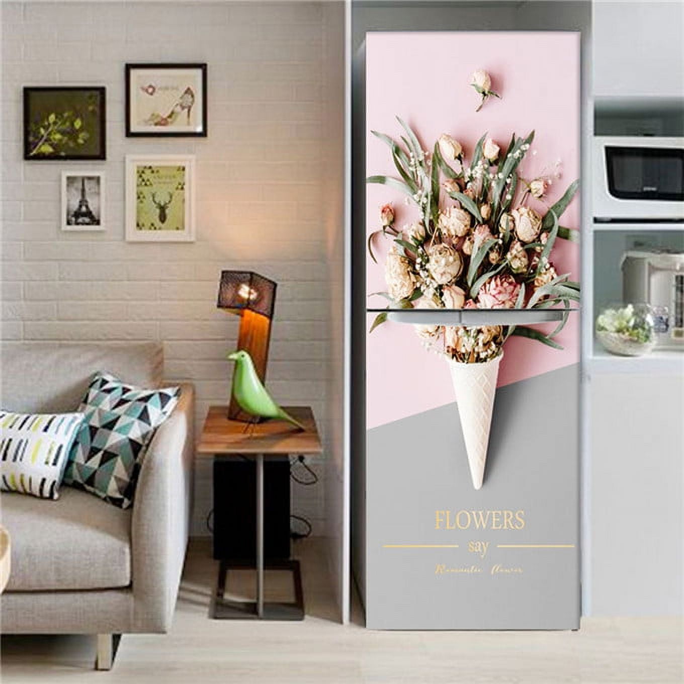 Pink Rose Flower PVC Fridge Door Cover Sticker Waterproof Peel & Stick ...