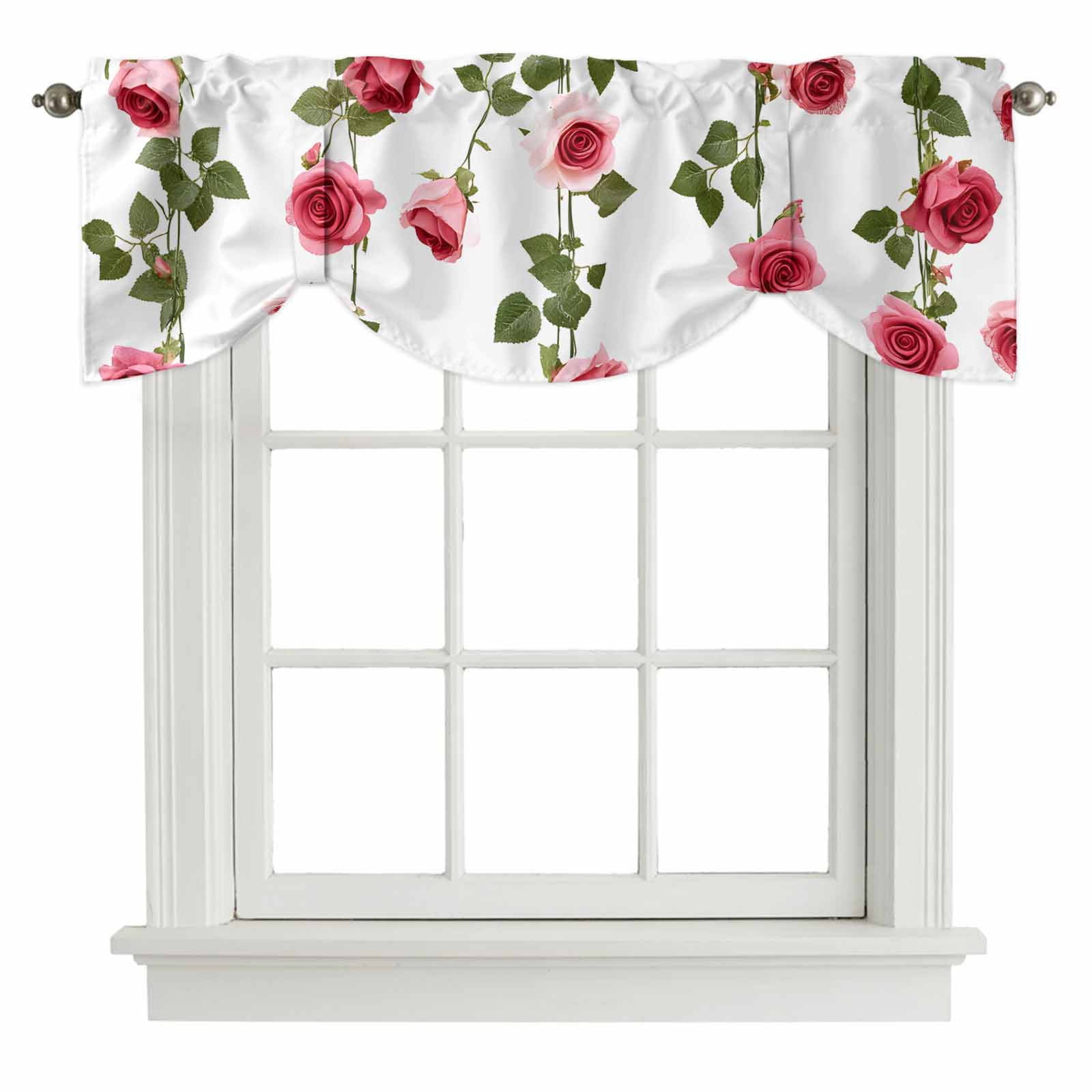 Pink Rose Flower Tie Up Valance for Windows, Spring Floral Green Vine ...