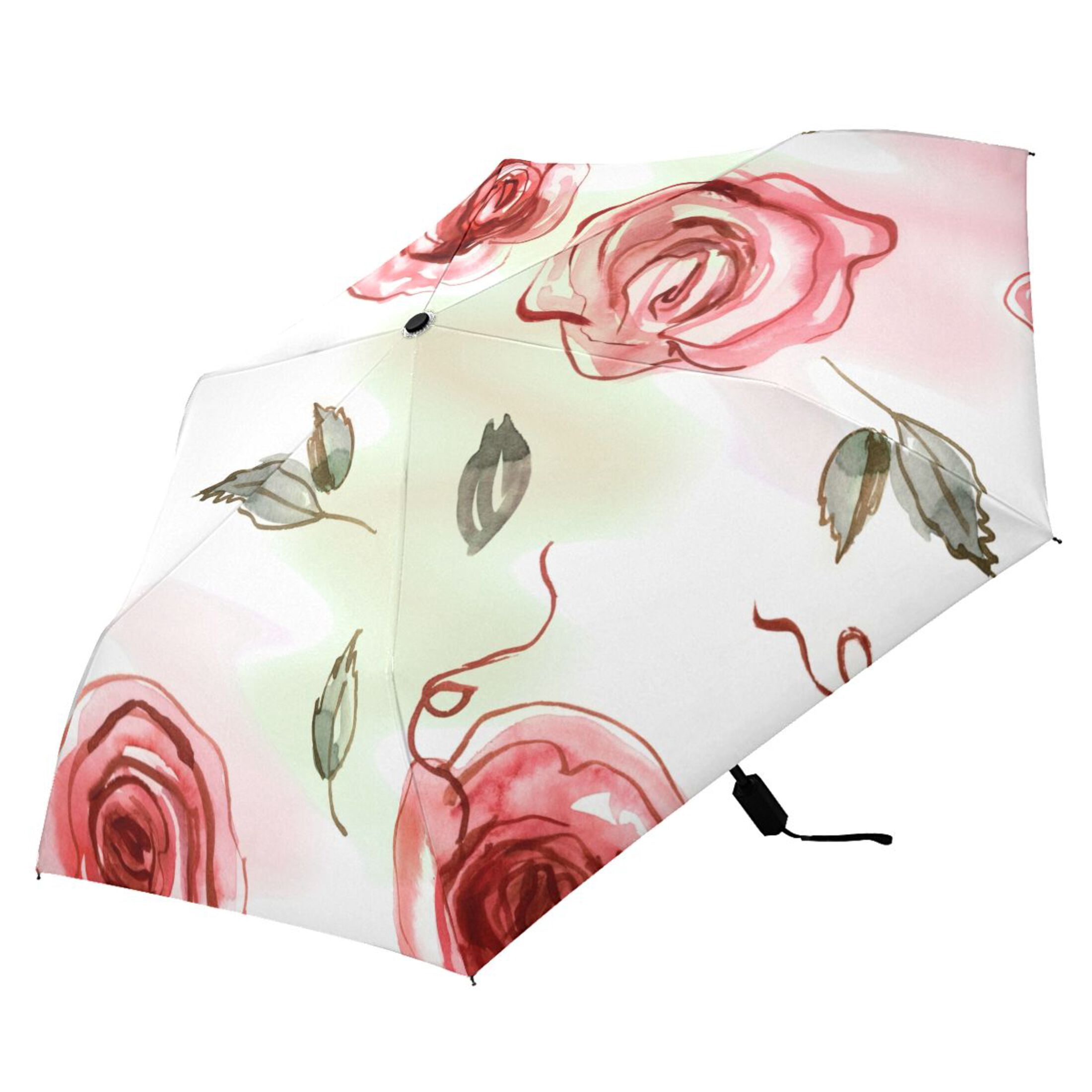 Pink Rose Flower and Leaves Compact Folding Umbrella for Rain Windproof ...