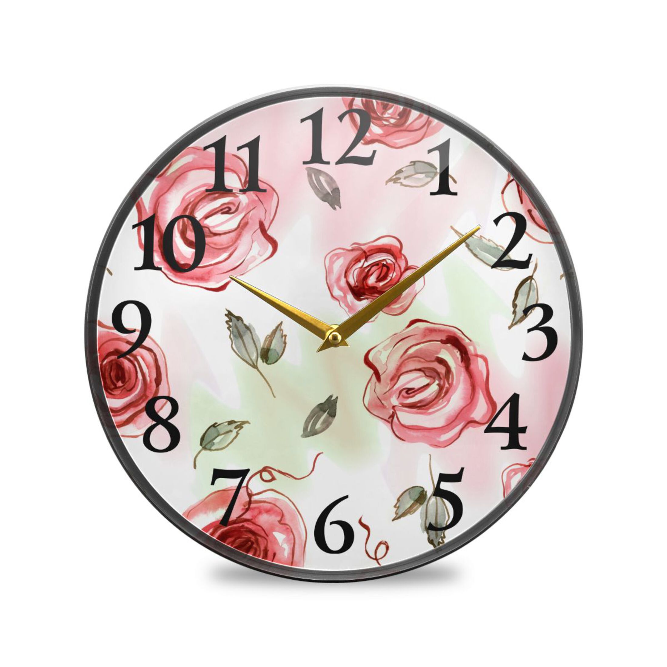 Pink Rose Flower and Leaves Wall Clocks Battery Operated 9.5 Inch Round ...