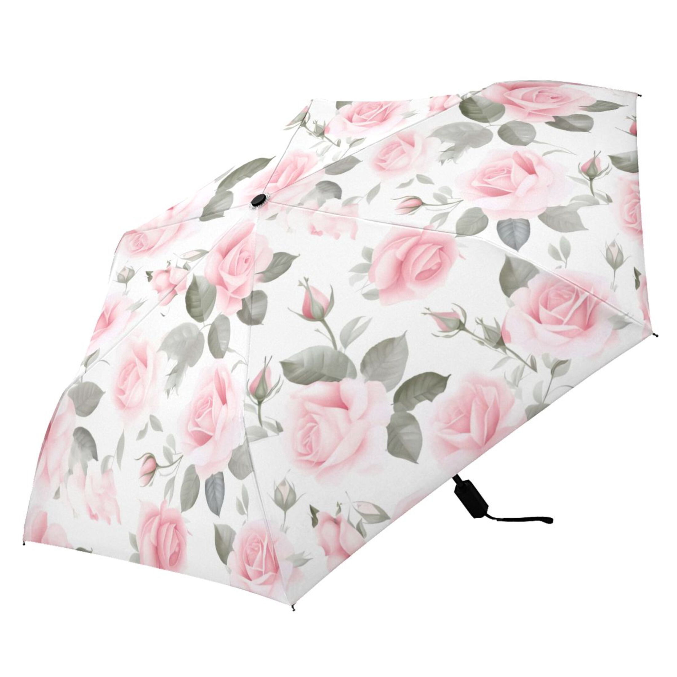Pink Rose Flowers Compact Folding Umbrella for Rain Windproof Travel ...