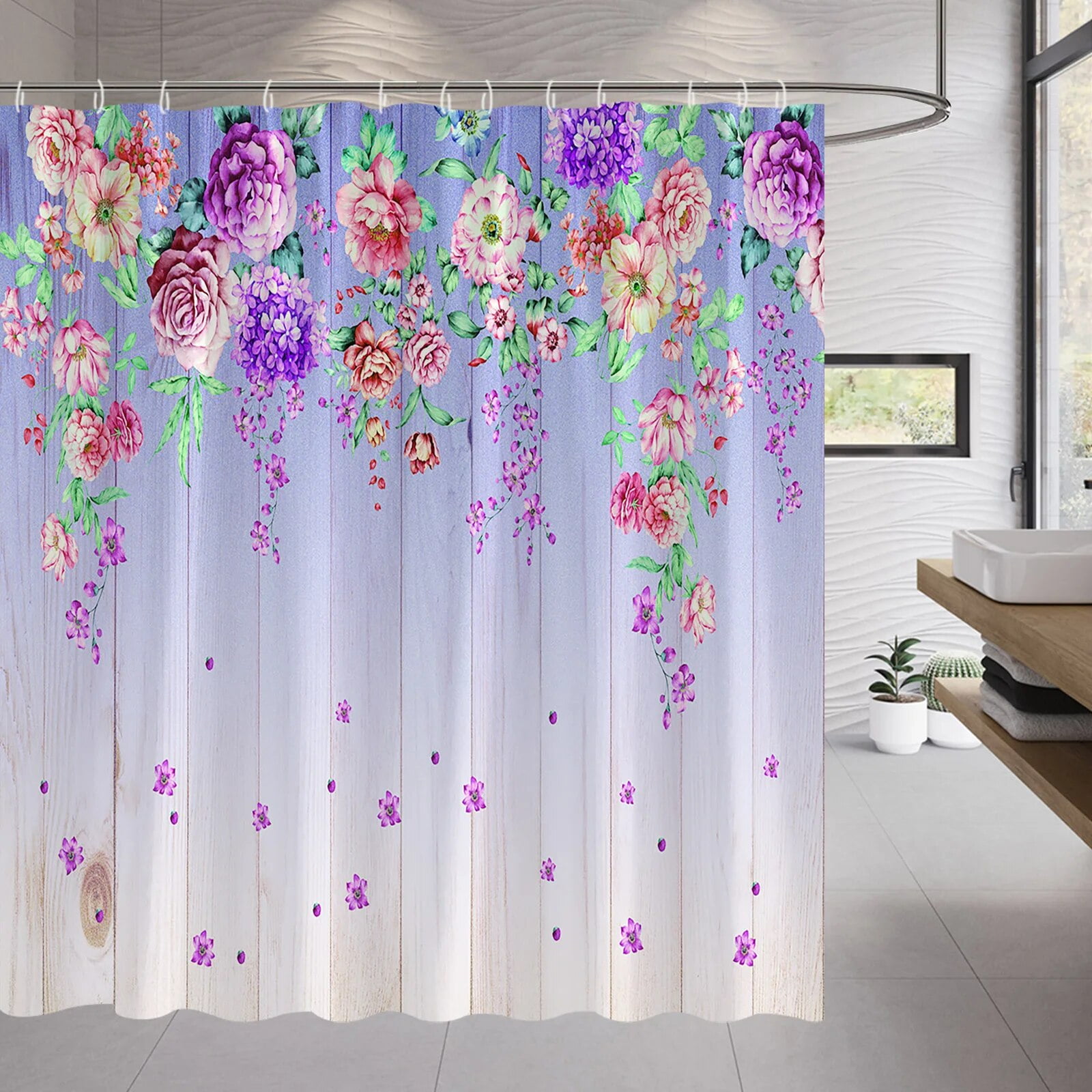 Pink Rose Flowers Grey Shower Curtain Spring Floral Plants Print Cloth ...