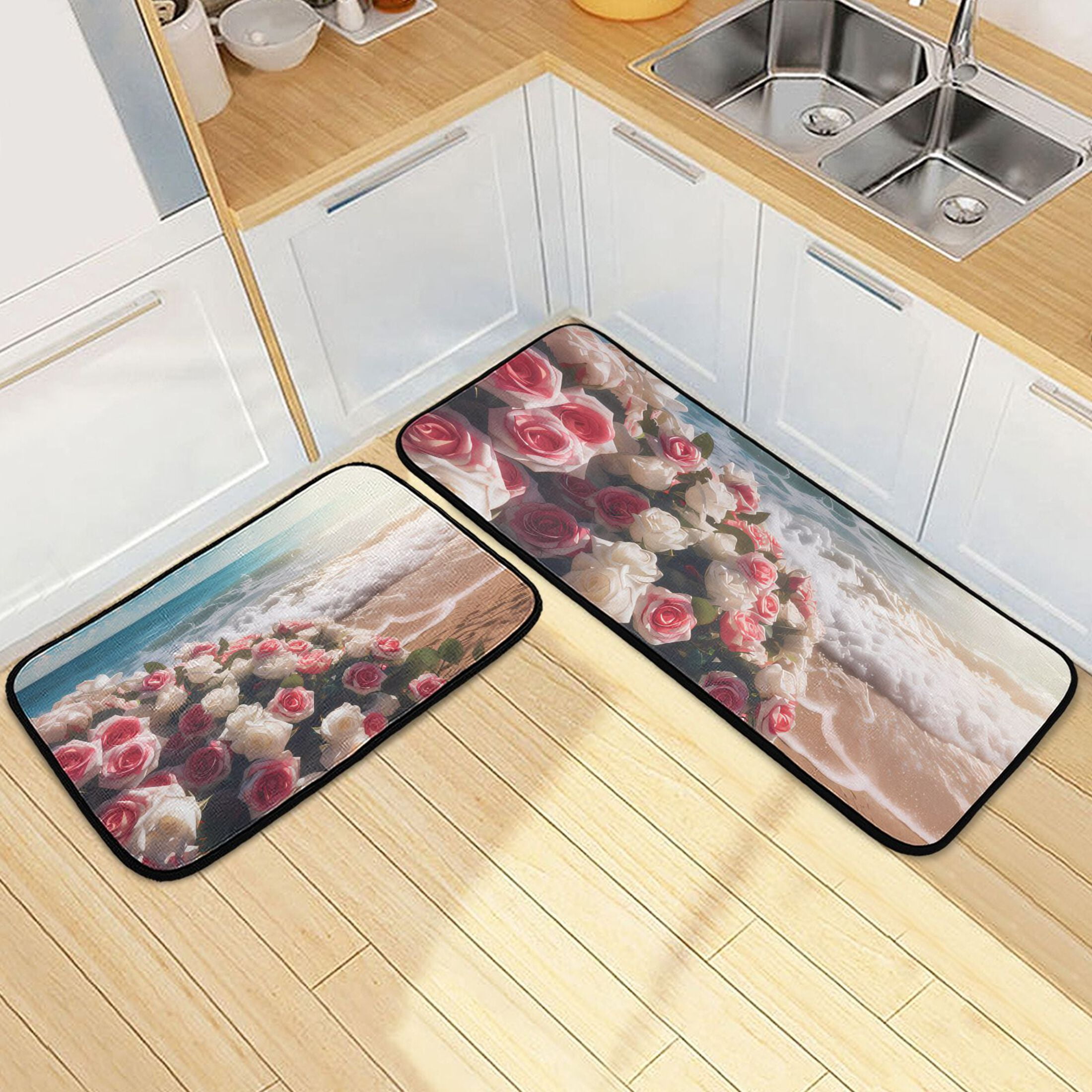 Pink Rose Flowers on Beach Kitchen Rugs Set of 2 Non Slip Floor Foam ...