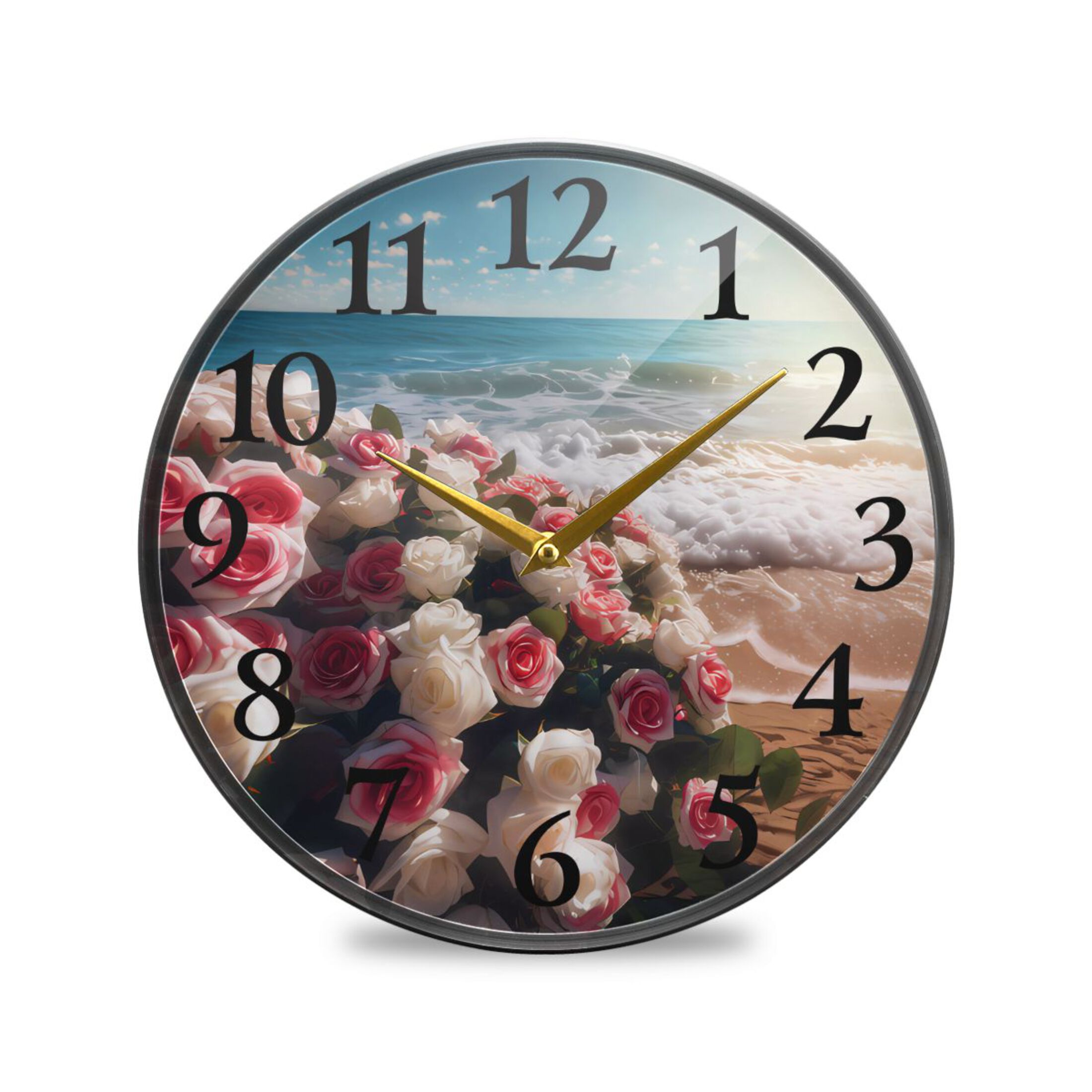 Pink Rose Flowers on Beach Wall Clocks Battery Operated 9.5 Inch Round ...