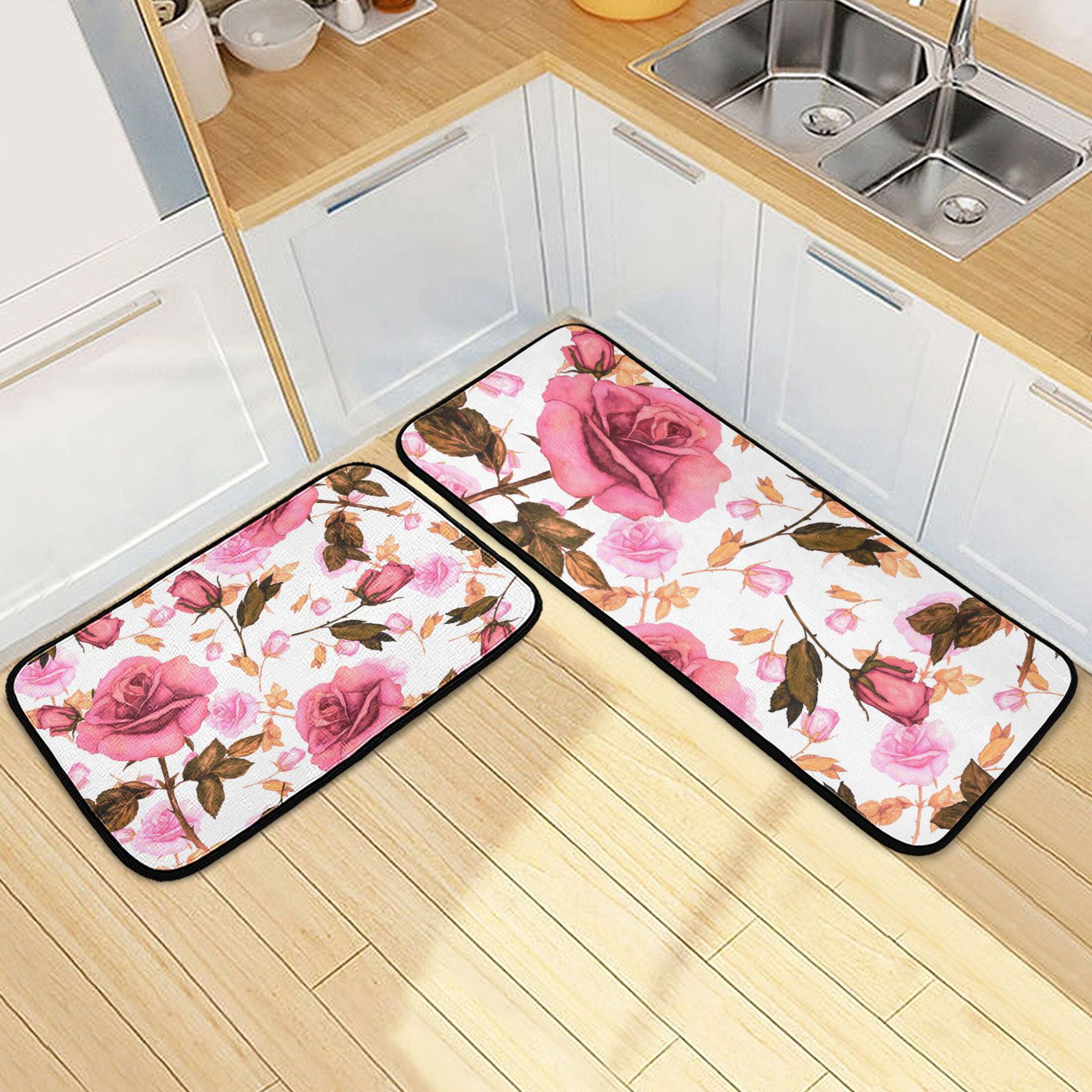 Pink Rose Flowers with Gold Kitchen Rugs Set of 2 Non Slip Floor Foam ...