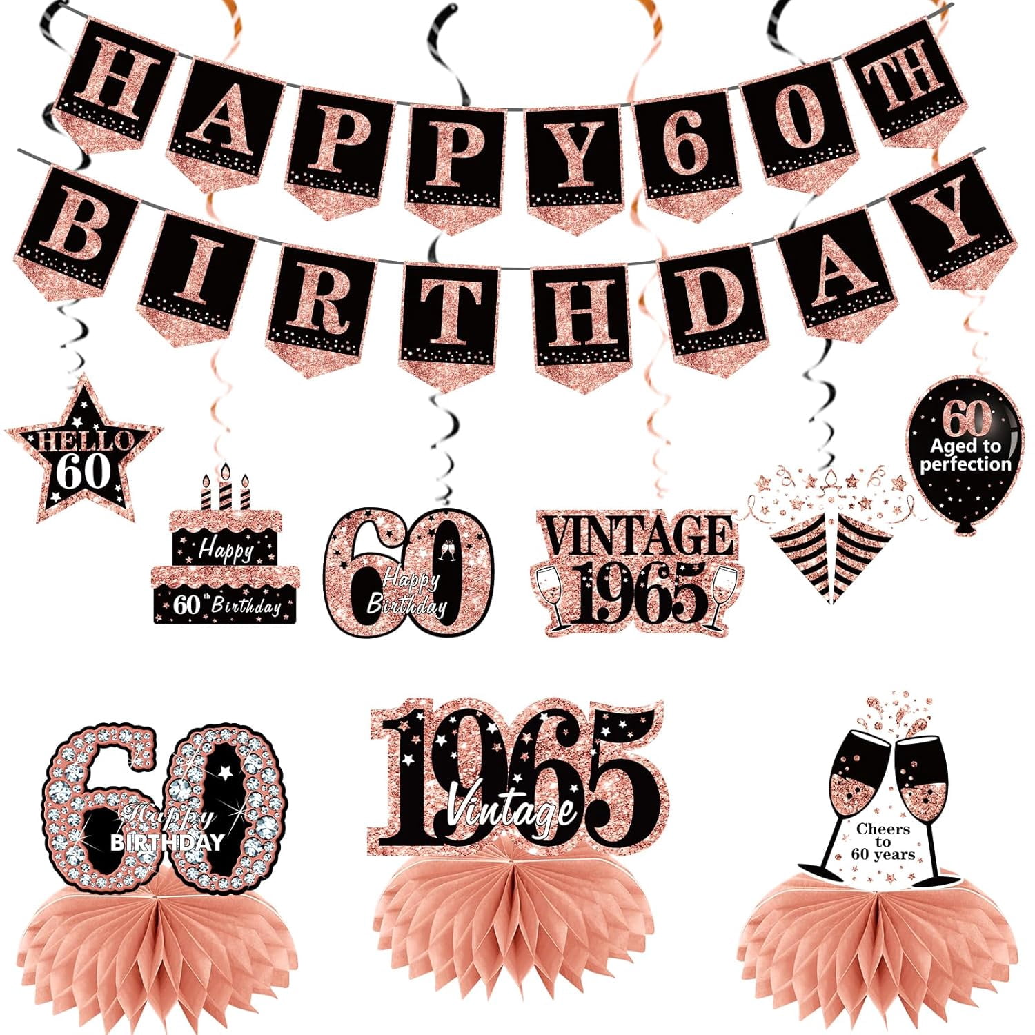 Pink Rose Gold 60th Birthday Banner Decorations Kit for Women, 10Pcs ...