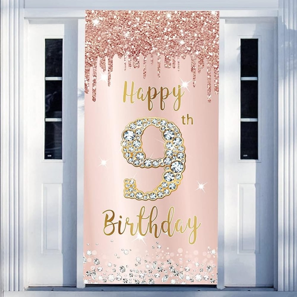 Pink Rose Gold 9th Happy Birthday Door Banner Backdrop Decorations for ...
