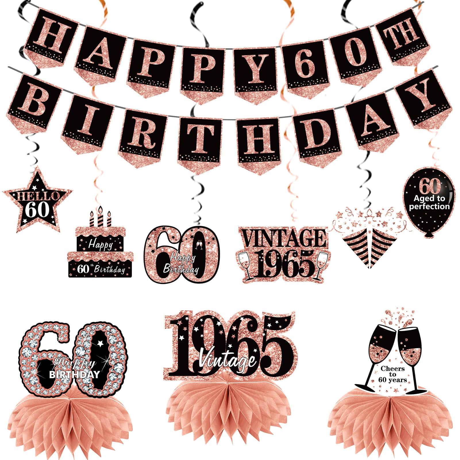 Pink Rose Gold FEV6 60th Birthday Banner Decorations Kit 10Pcs Vintage ...