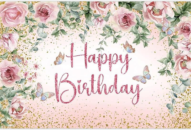 Pink Rose Gold Happy Birthday Backdrop for Girls, Floral Happy Birthday ...