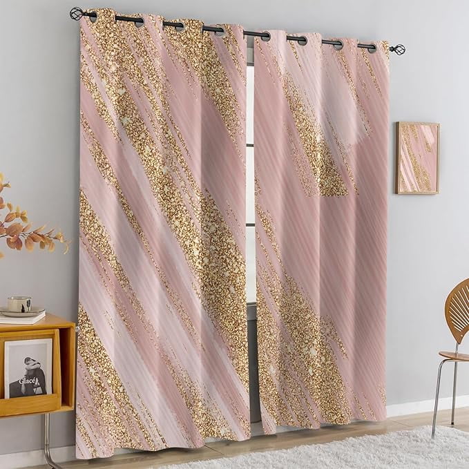 Pink Rose Gold Marble Window Curtain Panels, Luxurious Gold Foil ...