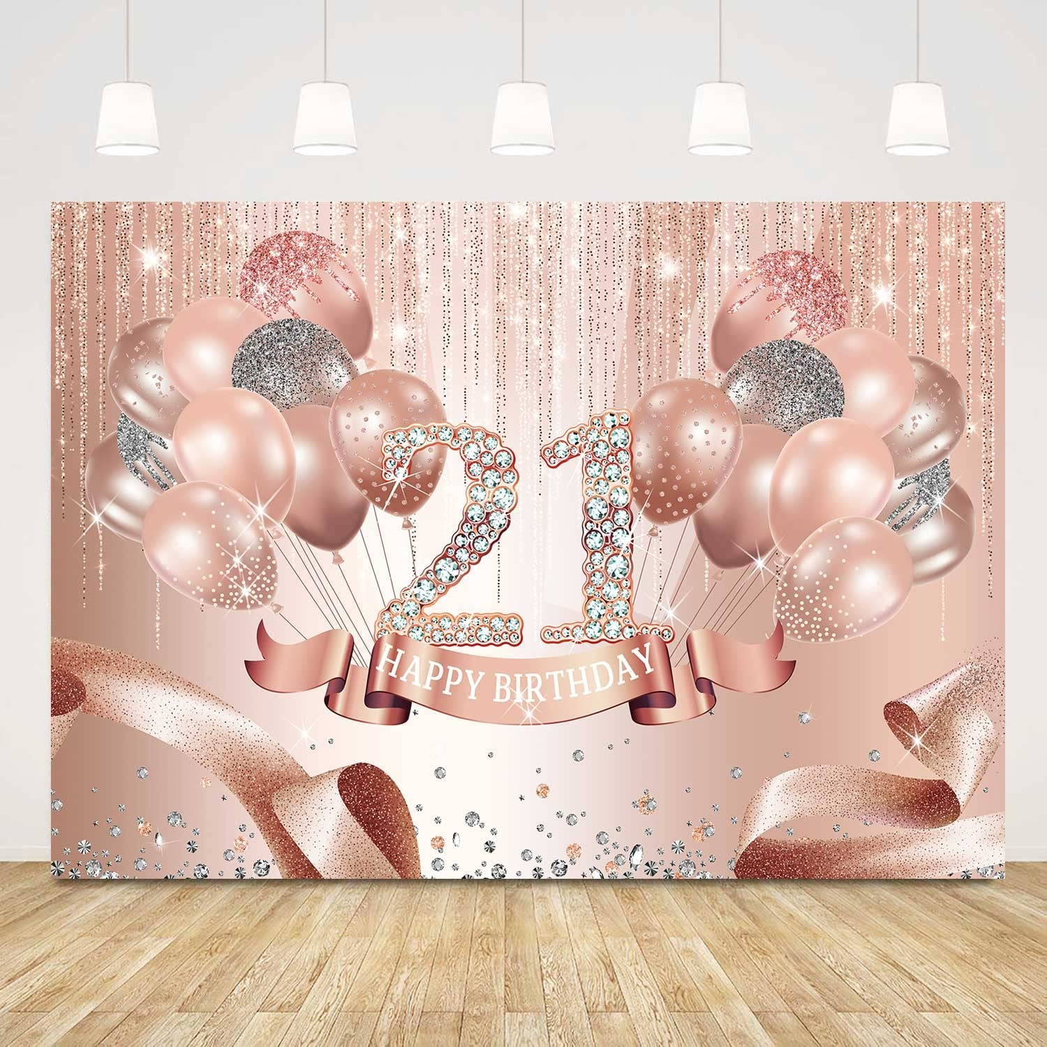 Pink Rose Golden 21st Birthday Party Backdrop Glitter Balloons Diamonds ...