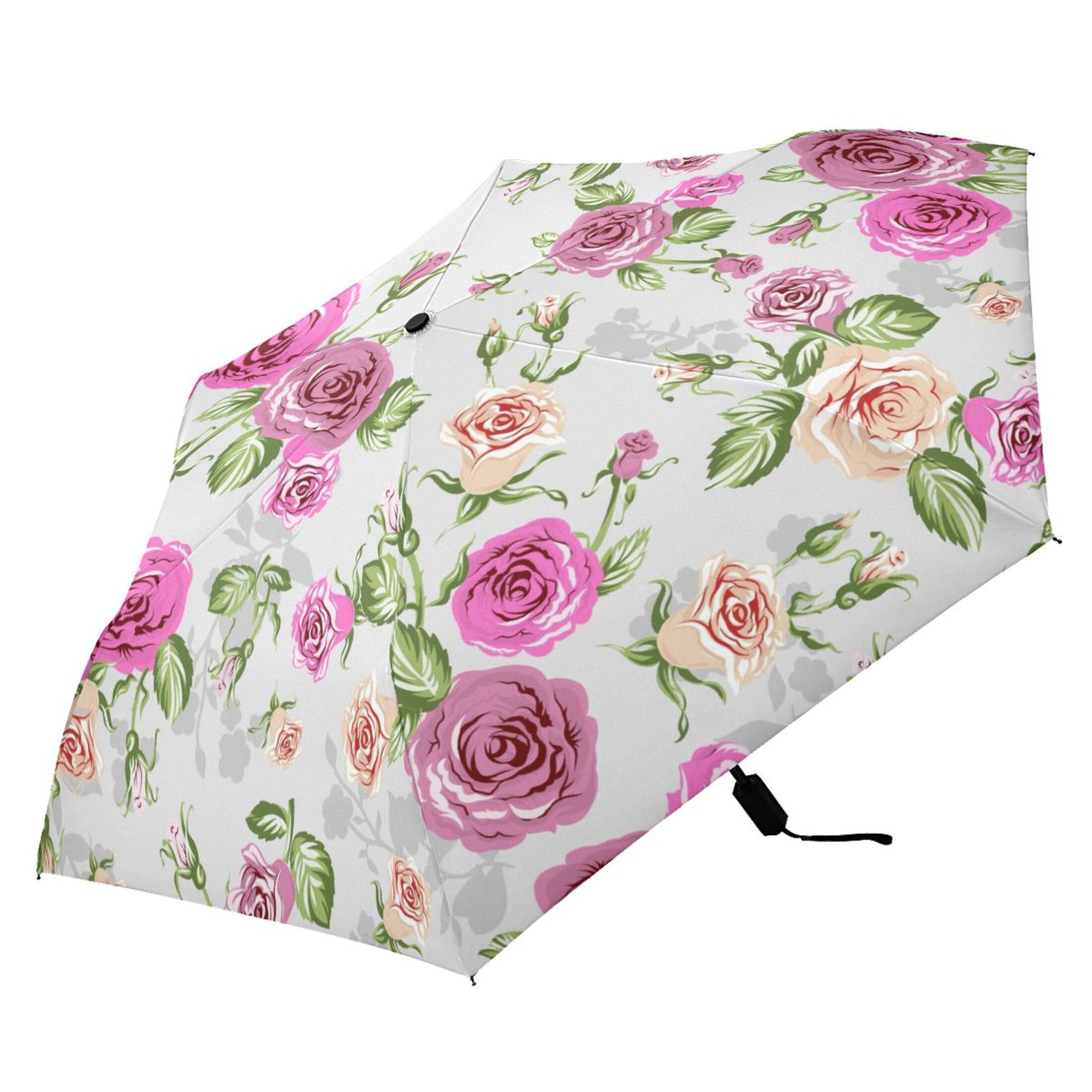 Pink Rose Green Leaves Compact Folding Umbrella for Rain Windproof ...