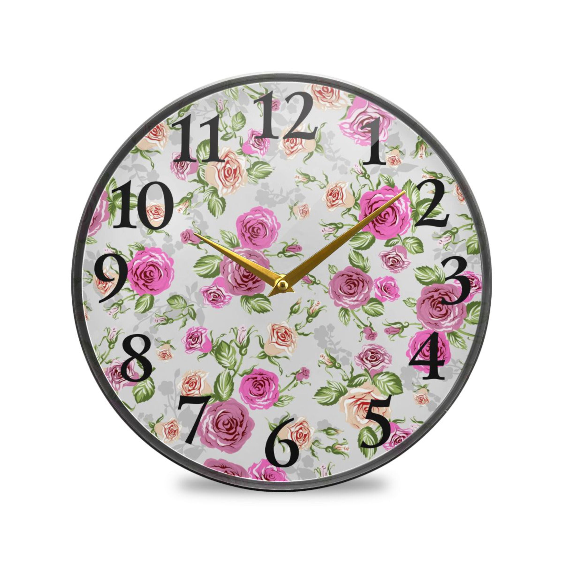 Pink Rose Green Leaves Wall Clocks Battery Operated 11.9 Inch Round ...