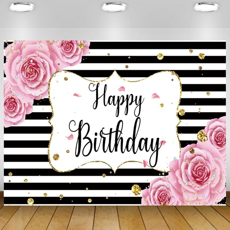 Pink Rose Happy Birthday Backdrop Black White Horizontal Stripe Happy ...