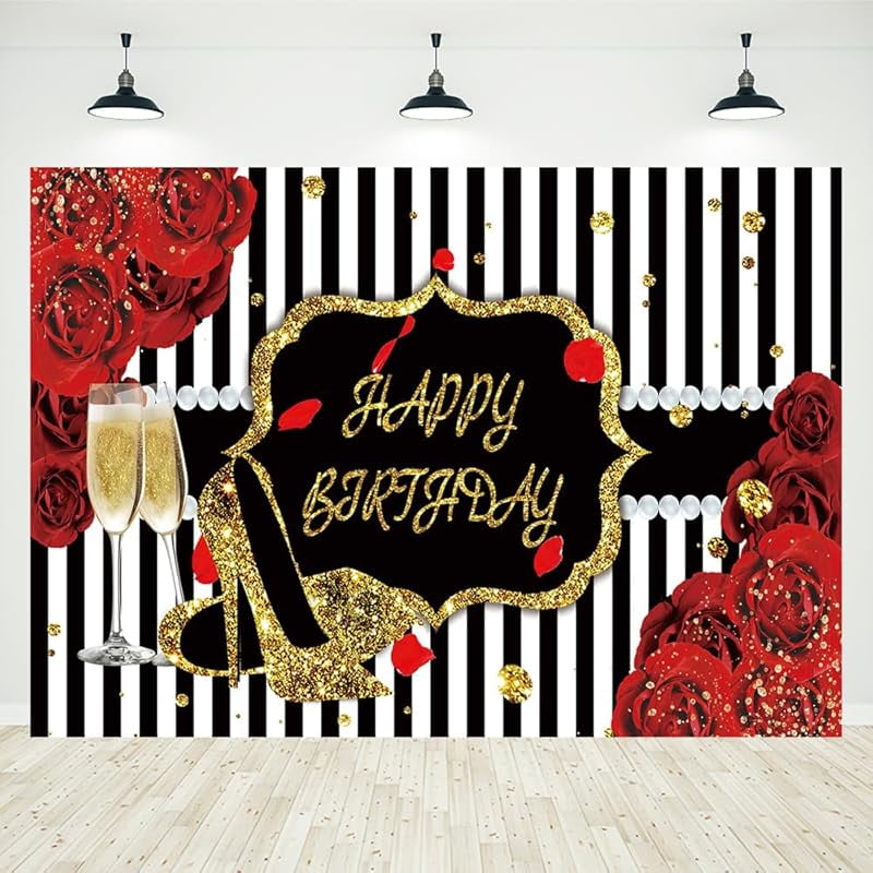 Pink Rose Happy Birthday Backdrop Black White Horizontal Stripe Happy ...