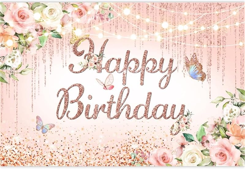 Pink Rose Happy Birthday Backdrop for Girls, Floral Happy Birthday Sign ...