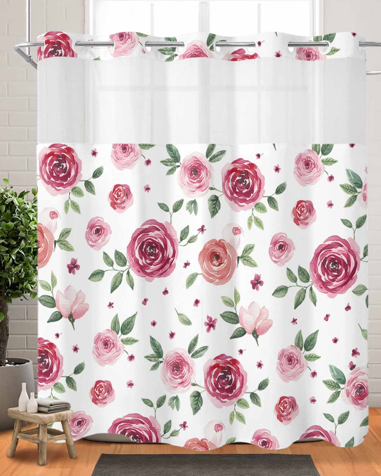 Pink Rose No Hook Shower Curtain with Snap in Liner, Flower with Leaf ...