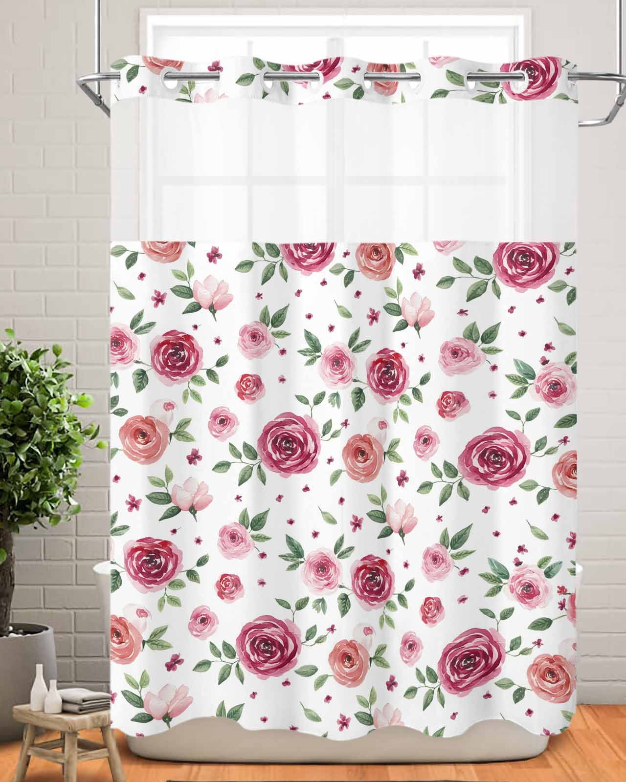 Pink Rose No Hook Shower Curtain with Snap in Liner, Flower with Leaf ...