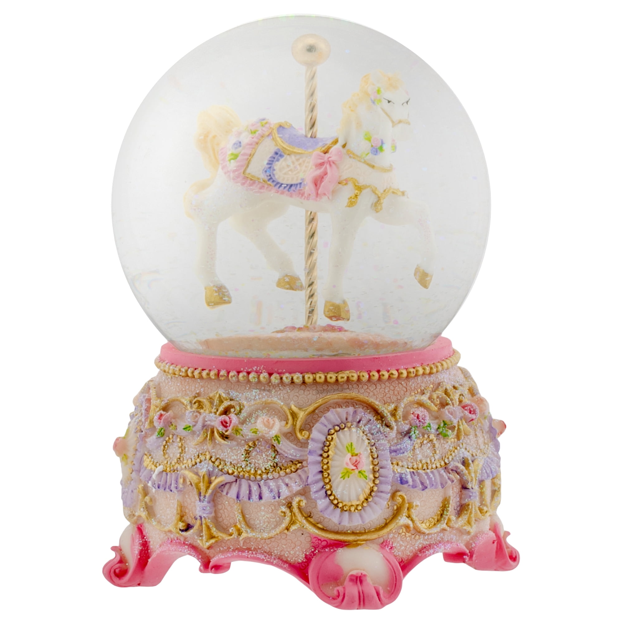 Pink Rose Horse and Carousel 100MM Musical Water Globe Plays Tune ...