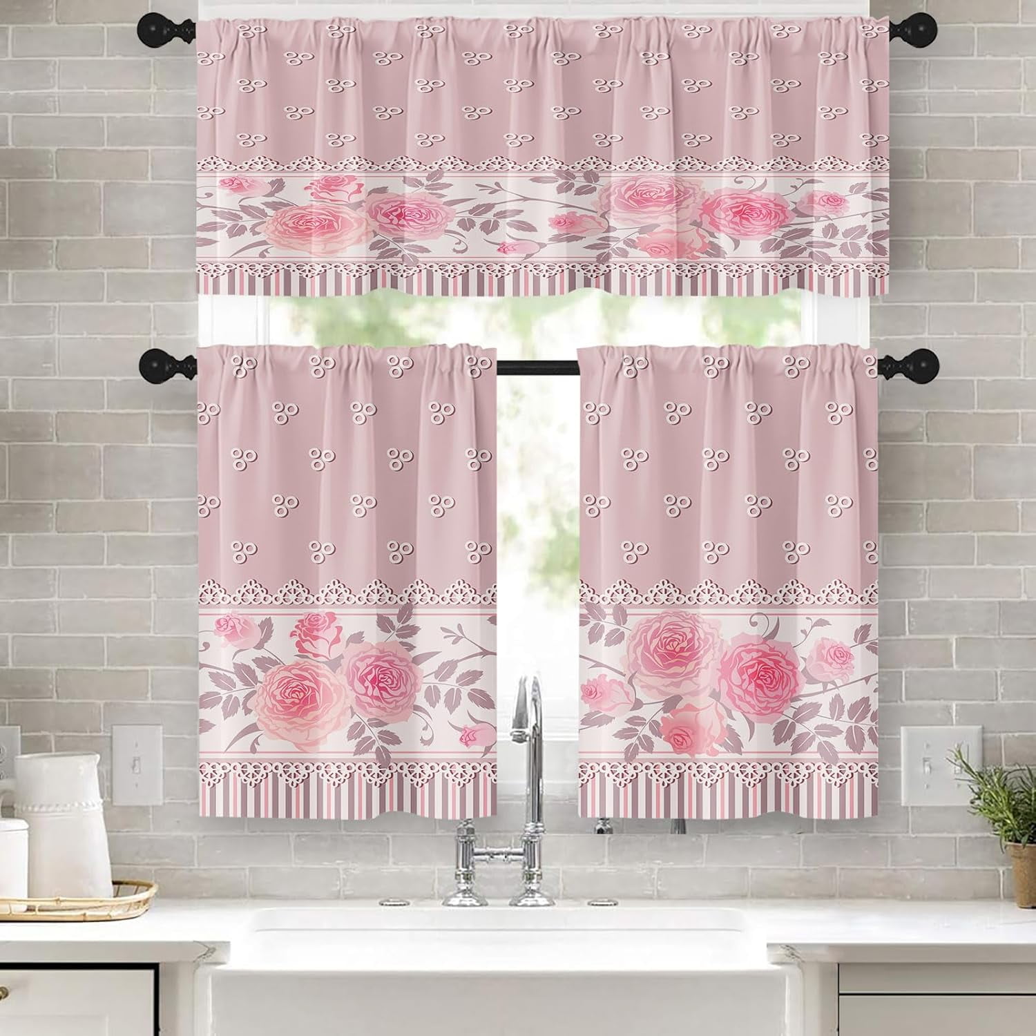Pink Rose Kitchen Curtains Floral Window Curtains Valance and Tier Set 36 Inch, Romantic Flowers ...